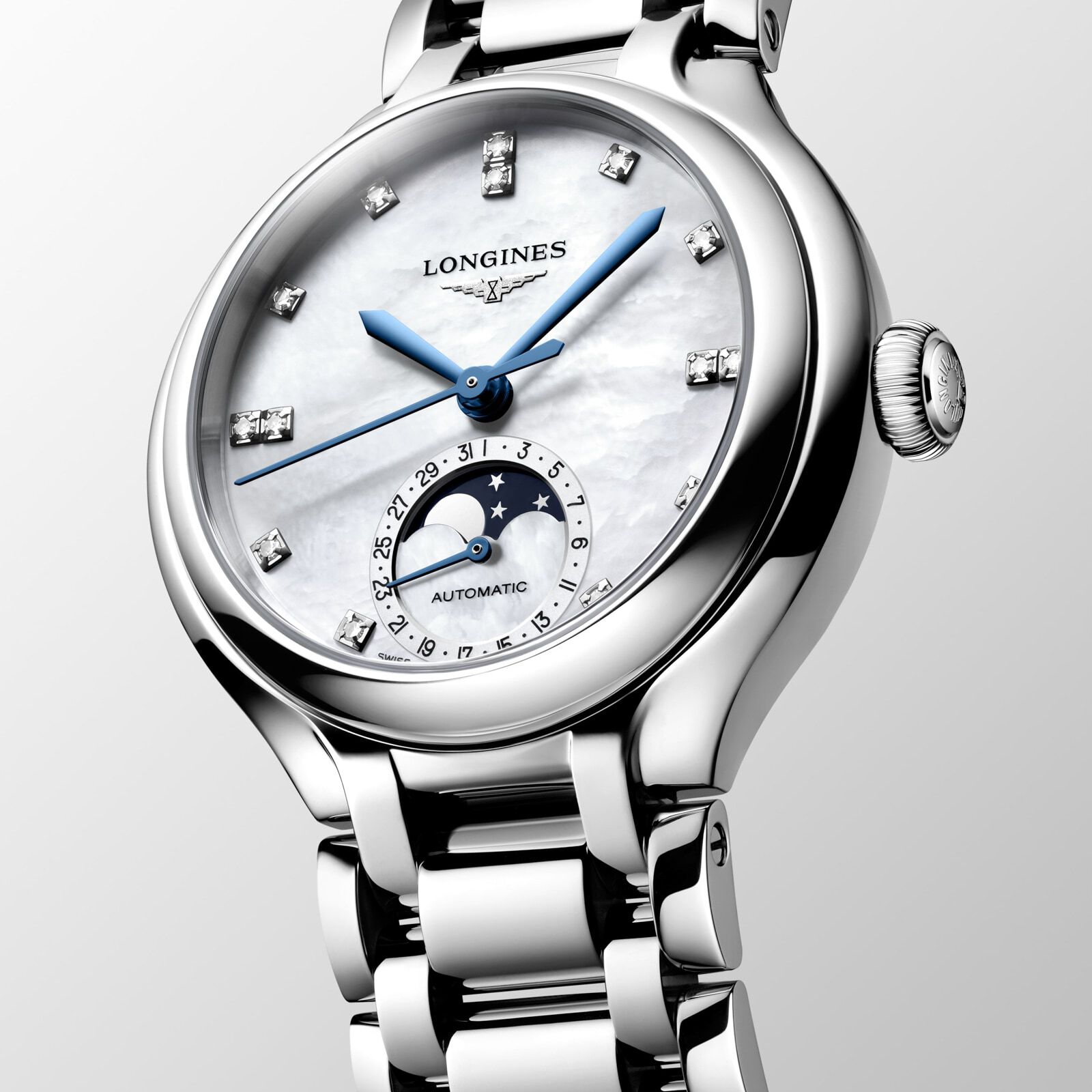Longines PrimaLuna Moonphase Automatic 34mm Ladies Watch Mother Of ...